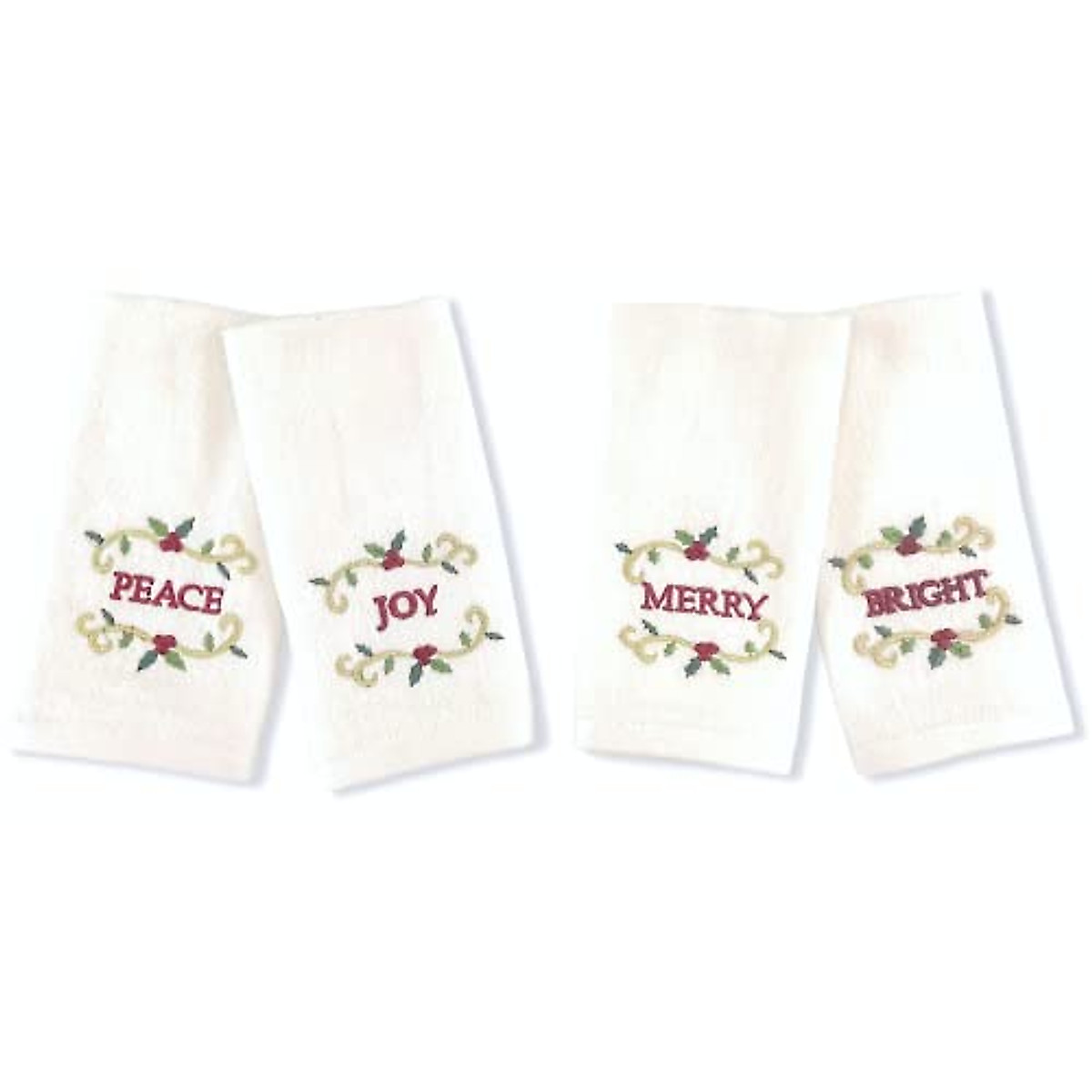 Serafina Home Christmas Holiday Fingertip Towels: Decorative Embroidered Peace, Joy, Merry, Bright with Gold Scroll on White Velour