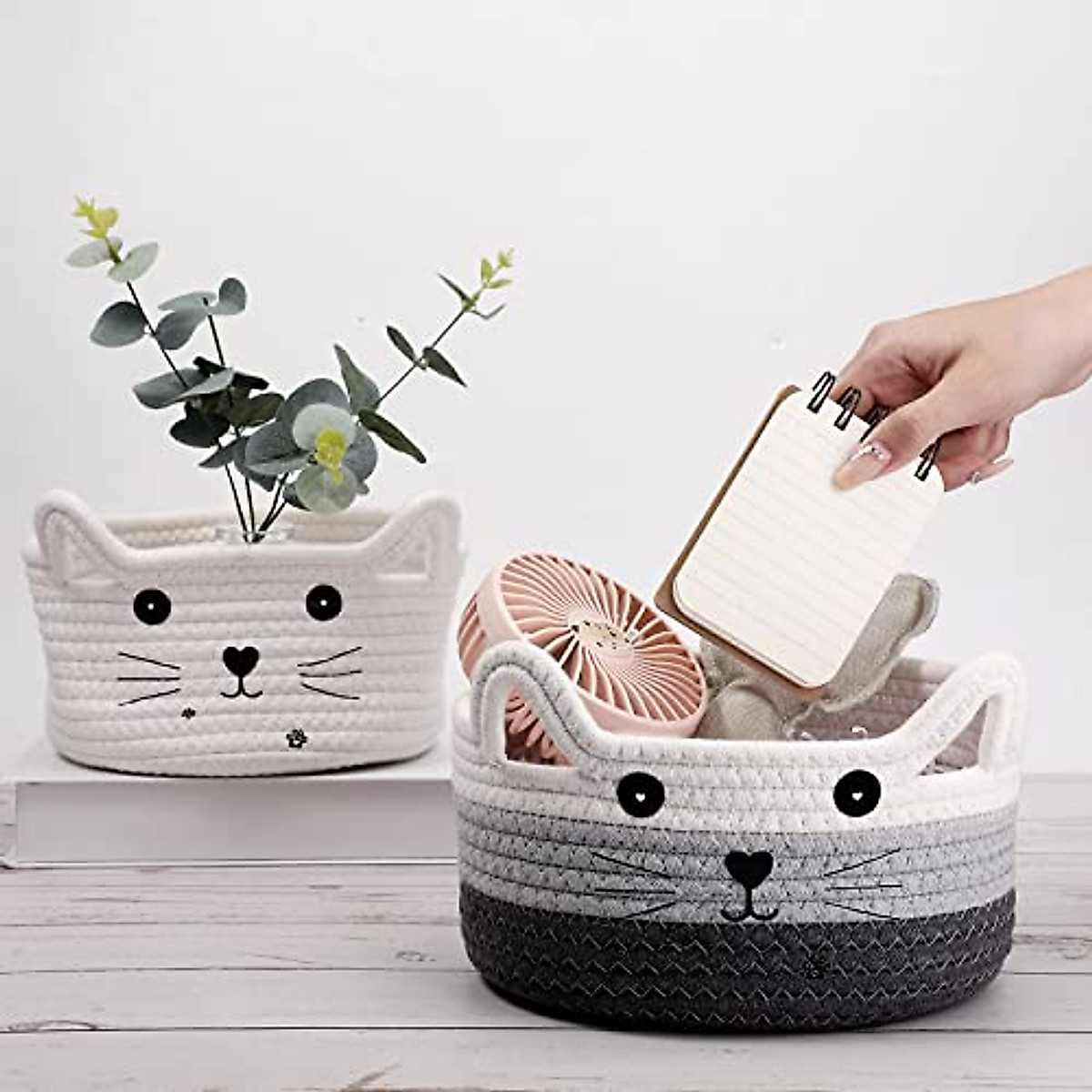 Cat Basket Storage Woven Basket Organizer with Ears Decorative Pet Toy Cute Basket Cotton Rope Basket for Gifts Cat Dog Toy Bin Nursery Room Kids Toy (White, Light Gray and Gray, 8.3 x 4.7 Inch)