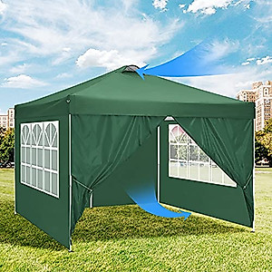 Canopy 10x10 Waterproof Pop up Canopy Tent with 4 Sidewalls Outdoor Event Shelter Tent for Parties Sun Shade Party Commercial Canopy with Air Vent Carry Bag(10x10 with 4 Sides & 4 Sandbags, Green)