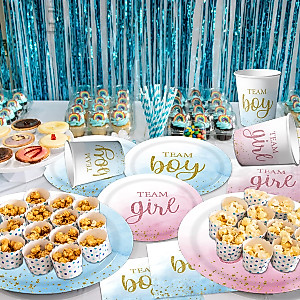 Gender Reveal Party Supplies - 80Pcs Team Boy or Team Girl Tableware Set Disposable Paper Plates,Napkins Gender Reveal Theme Table Decorations for Baby Shower Decorations,Boy or Girl Party
