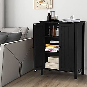 COSTWAY Bathroom Floor Cabinet - Freestanding Side Storage Organizer with Double Doors & Adjustable Shelf, Wooden Storage Cabinet for Living Room, Bedroom, Kitchen, Entryway (Black)