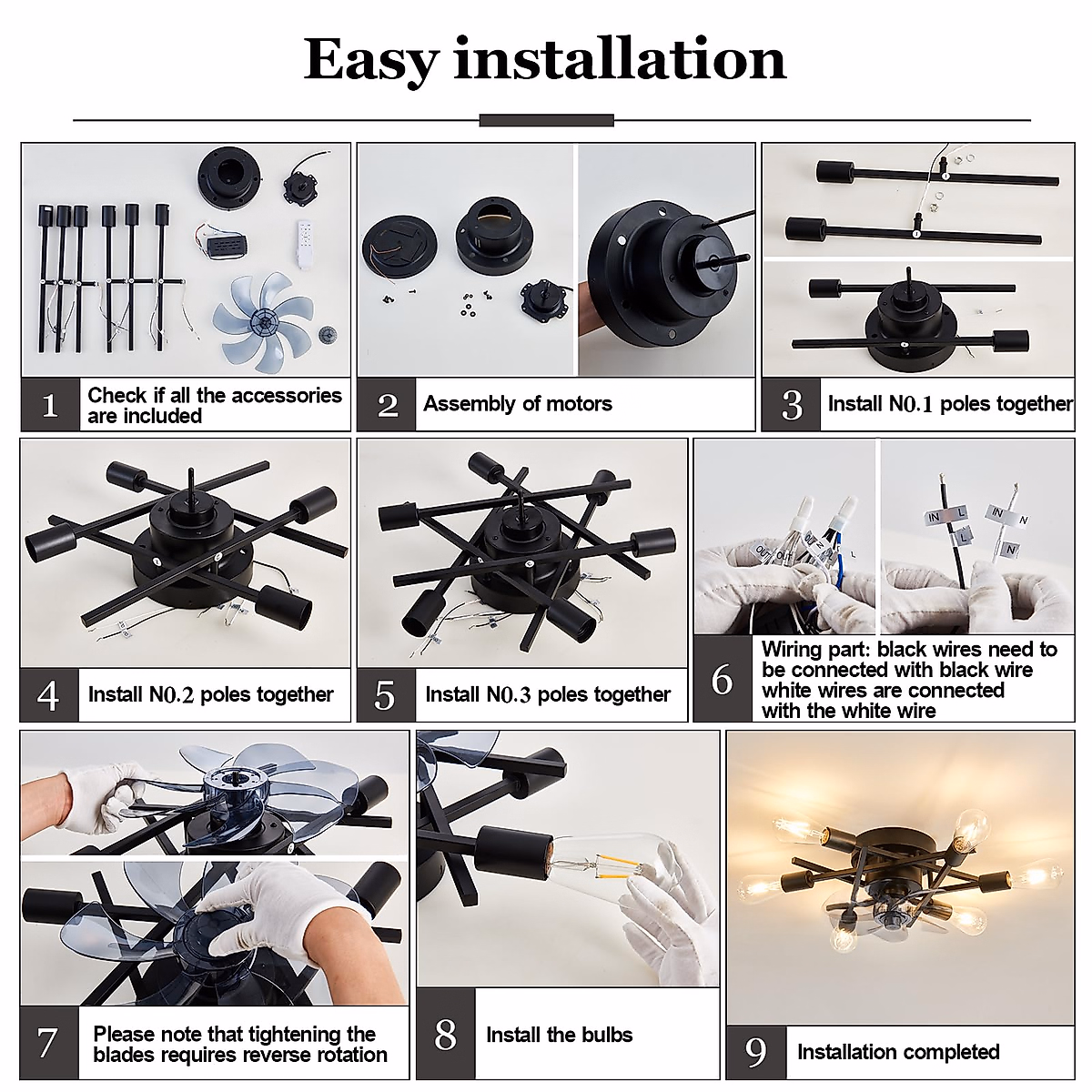 ASGYISA Modern Black Matte Ceiling Fan with Light Industrial 6 Lights Low Profile Flush Mount Fandelier with Remote Control for Farmhouse Kitchen Dining Room Bedroom