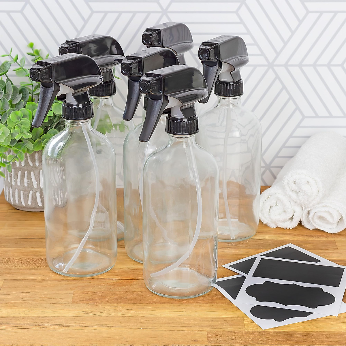 Cornucopia 16oz Clear Glass Spray Bottles (6-Pack); 3-Setting Sprayer Tops and Chalk Labels