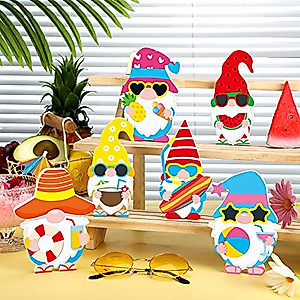 6 Pieces Summer Gnomes Decorations for Home Beach Wooden Gnomes Tiered Tray Decor Freestanding Table Decoration Summer Tabletop Gnomes for Home Party Desk Office Decoration