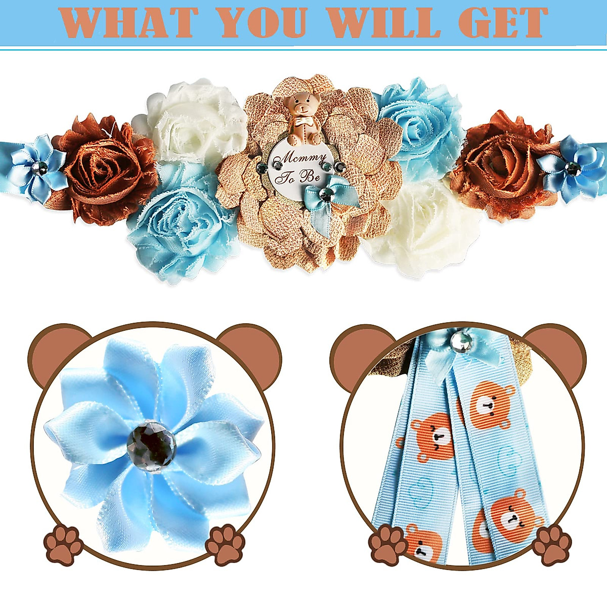 Hombae Blue Teddy Bear Maternity Sash Belt for Baby Shower Mommy To Be & Daddy To Be Badge Corsage Pin Set for Teddy Bear Baby Shower Decorations Supplies