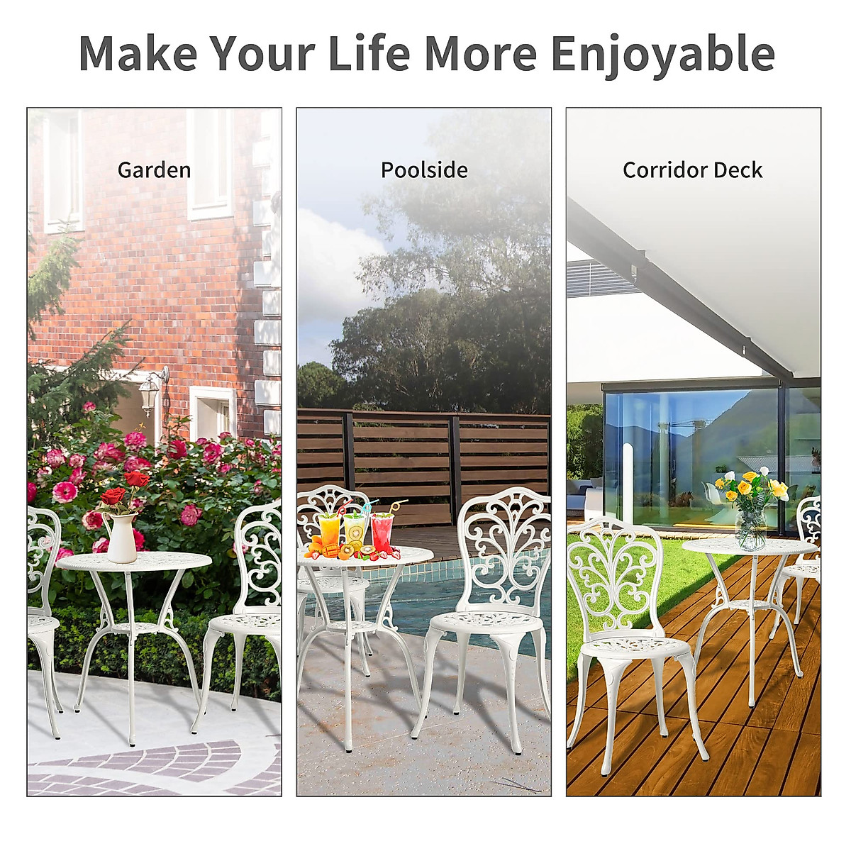 HOMEFUN Bistro Table and Chairs Set of 2 Outdoor -3 Piece Outdoor Patio Set, Butterfly Pattern Cast Aluminum Patio Bistro Set for Garden Balcony, Durable Rust All - Weather Resistance (White)