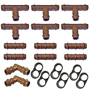 Habitech Irrigation Fittings Kit for 1/2" Tubing - 20 Piece Set - 6 Tees, 6 Couplings, 2 Elbows, 6 End Cap Plugs - Barbed Connectors for Rain Bird and Compatible Drip or Sprinkler Systems