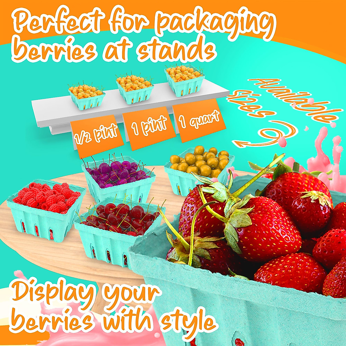 MT Products Green Berry Basket 1 Pint - Molded Pulp Fiber Vented Produce Basket (Pack of 15) - Made in the USA