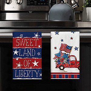 Artoid Mode American Flag Stars Stripes Truck 4th of July Kitchen Towels Dish Towels, 18x26 Inch Patriotic Liberty Decor Hand Towels Set of 4