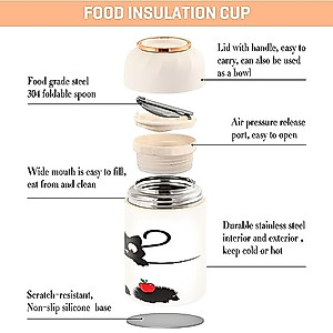 CUPADA Black Cat Hedgehogs Food Jar, Funny Kitten Cute Insulated Hot Food Jars Vacuum 17OZ with Folding Spoon for Work Trip Picnic Camping