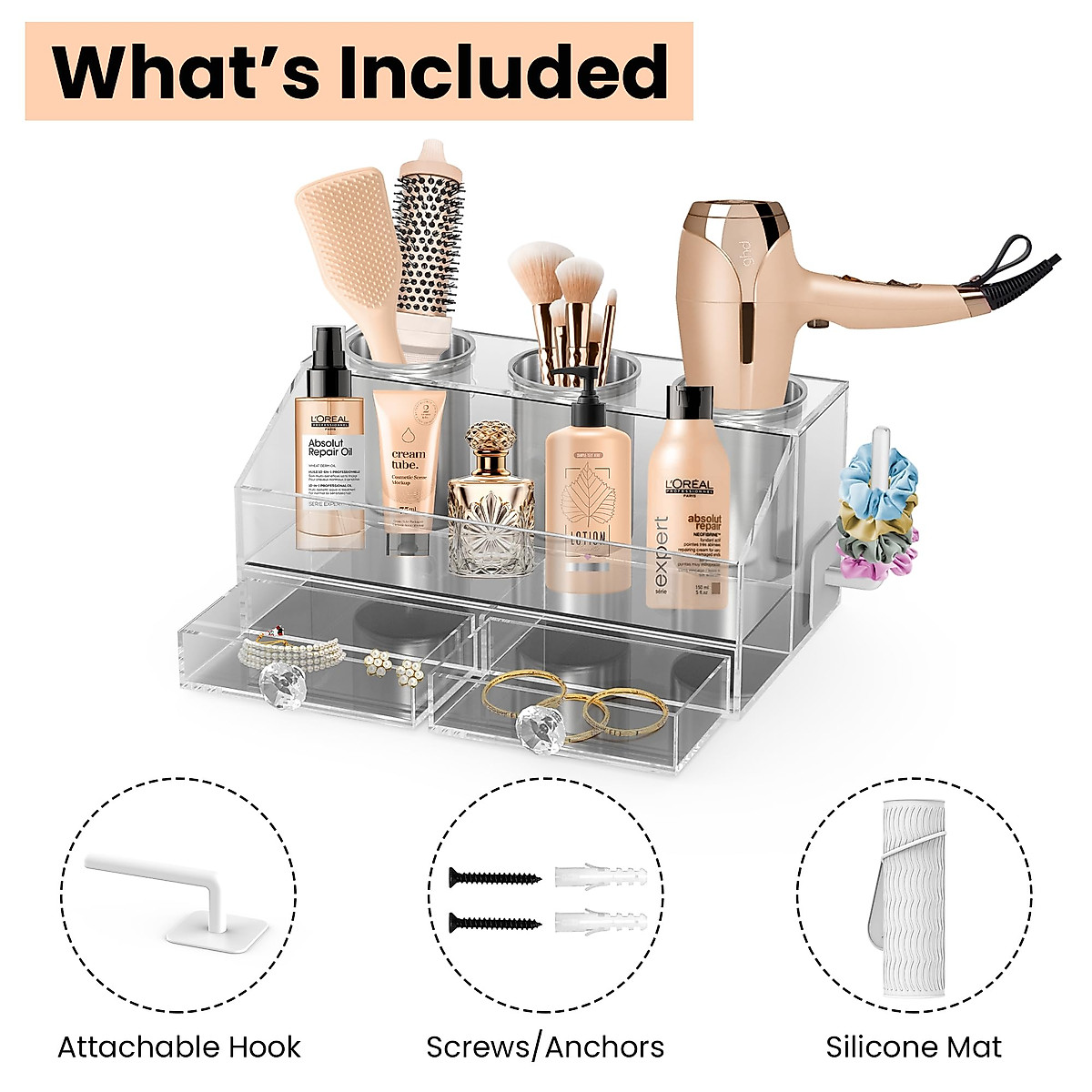 FINECLICK Hair Tool Organizer, Acrylic Wall Mount Blow Dryer and Hair Styling Holder with Storage,Bathroom Countertop Hair Dryer Holder,Vanity Caddy for Toiletries,Accessory Makeup (Two Drawer, Clear)