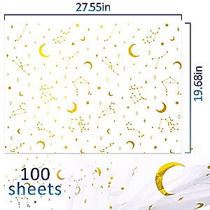 MR FIVE 100 Sheets Galaxy Tissue Paper Bulk,20" x 14",White with Gold Moon and Star Tissue Paper for Gift Bags,Star Gift Wrapping Tissue Paper for Birthday,Christmas Holiday