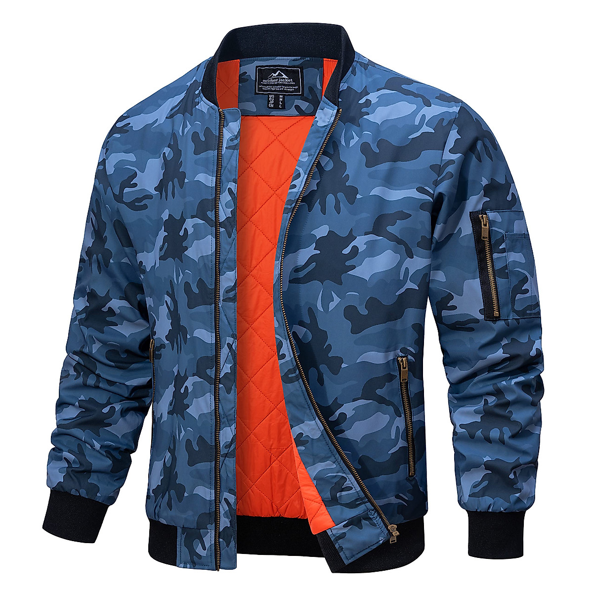 MAGCOMSEN Winter Bomber Jacket Men Quilted Lining Fall Coat Padded Windproof Warm Outerwear with Pockets Stylish Camouflage Blue 2XL