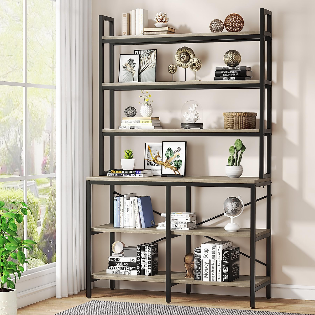 Tribesigns 6-Tier Bookshelf,Industrial Bookcase with Open Shelf,6 Shelf Storage Rack with X-Shaped Frame,Rustic Book Shelf for Living Room, Bedroom,Home, Office (1, Retro Gray)