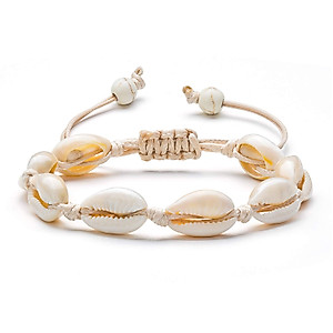 Fesciory Puka Shell Anklet for Women Summer Natural Cowrie Adjustable Ankle Bracelet, Handmade Boho Hawaiian Beach Seashell Jewelry (Shell Anklet Beige Rope)