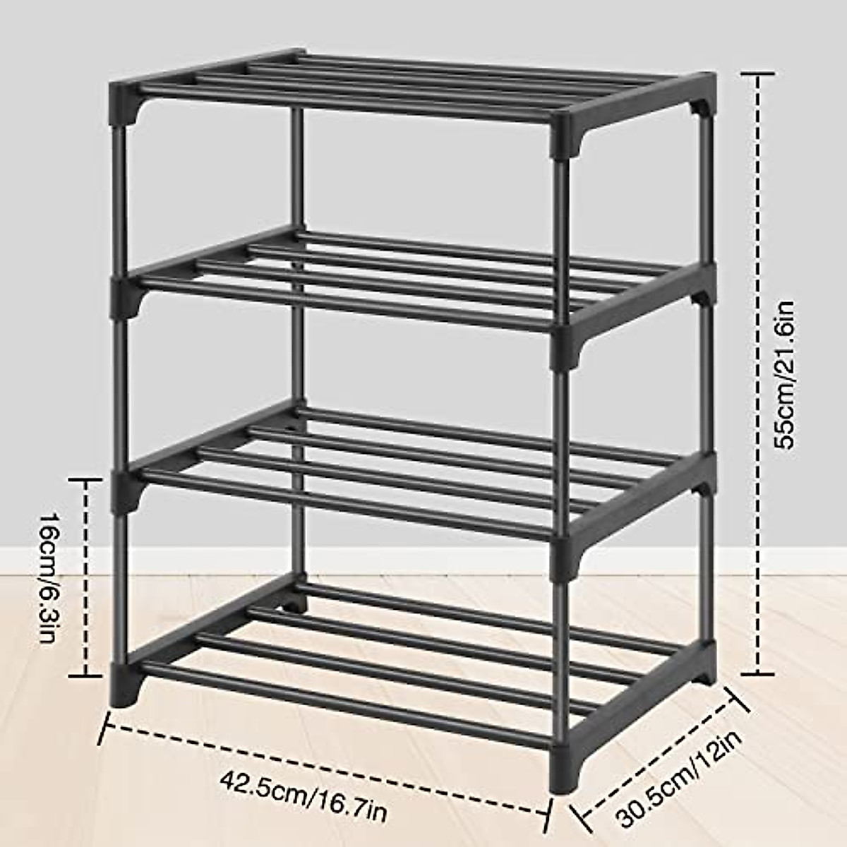 HITHIM 4-Tier Free Standing Shoe Racks, Small Shoe Rack for 6-8 Pairs Shoe Storage,Kids Shoe Racks for Small Place,Lightweight Stackable Shoe Shelf Organizer for Entryway, Doorway and Closet,Black