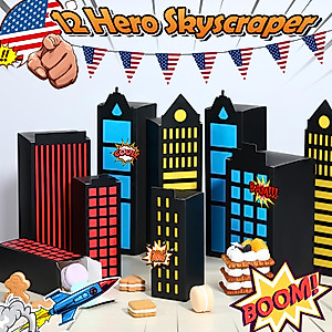 Motiskyy 12 Pcs Hero Party Favor Boxes Skyscraper City Gift Boxes Hero Theme Party Treat Boxes Candy Goodies Boys Girls Birthday Party Decorations Supplies (Black Hero)