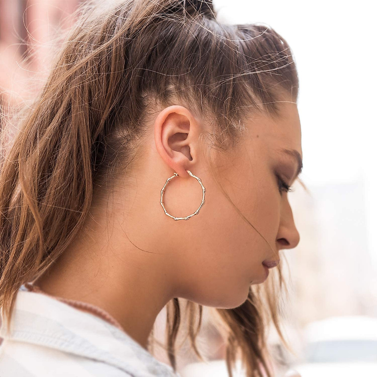 Gold Bamboo Hoop Earrings for Women | Barzel 18k Gold Plated Bamboo Earrings For Women (Gold)