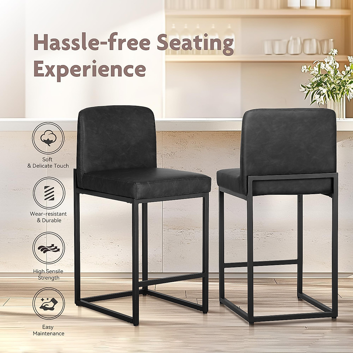 ALPHA HOME Counter Height Bar Stools, 24” Kitchen Counter Stools Set of 1, Pu Leather Kitchen Modern Bar Chairs with Back&Footrest, Sturdy Chromed Metal Steel Frame, Black