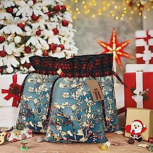 EVANEM Christmas Gift Bags with Drawstring Burlap Gift Bags almond blossom Christmas Linen Bags for Xmas Party Candy Bags with Cards Xmas Reusable Wrapping Bags Christmas Linen Treat Bags for Holiday