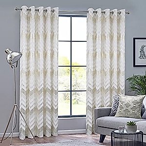 always4u Soft Velvet Foil Print Curtains 84 Inches Long White and Gold Chevron Curtains Luxury Window Treatment White 2 Panels 54 * 84 Inches