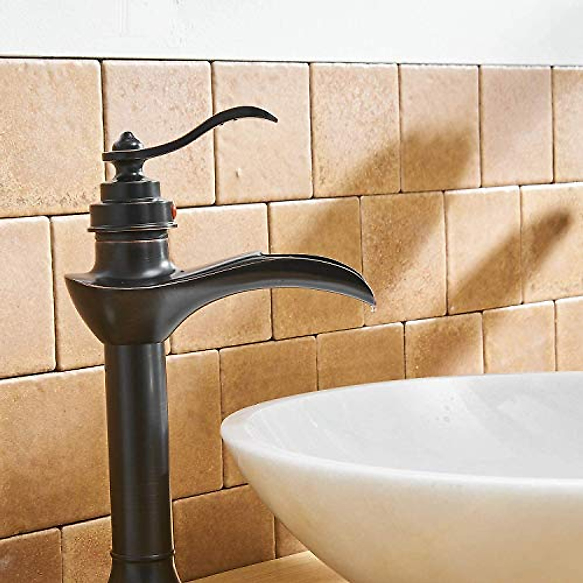 Bathfinesse Vessel Sink Faucet Bathroom Bowl Faucets Tall Oil Rubbed Bronze Farmhouse Waterfall Spout Lavatory Single Handle 1 Hole with Pop Up Drain Stopper and Supply Lines Lead-Free