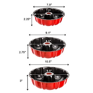 Tosnail Set of 3 Non-Stick Fluted Cake Pan, Tube Pan Round Cake Pan Steel Baking Pan Instant Pot Bakeware - 7", 8.5", 9.5", Red