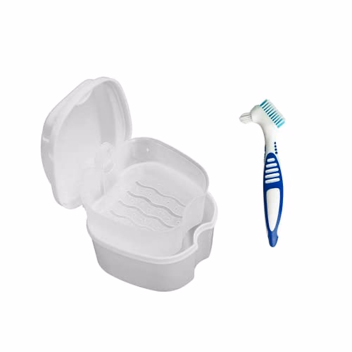 AmeriCan Goods Denture Bath Box with Denture Cleaner Brush Denture Bath Case with Rinsing Basket Tray Container (White)