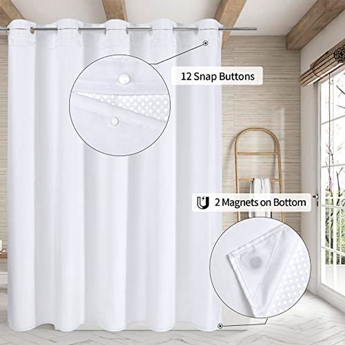 MitoVilla No Hooks Needed White Waffle Shower Curtain Set with Snap-in Liner, Modern Waffle Weave Fabric Shower Curtains for Luxury Hotel Grade Spa-Like Bathroom Decor, 72 x 74