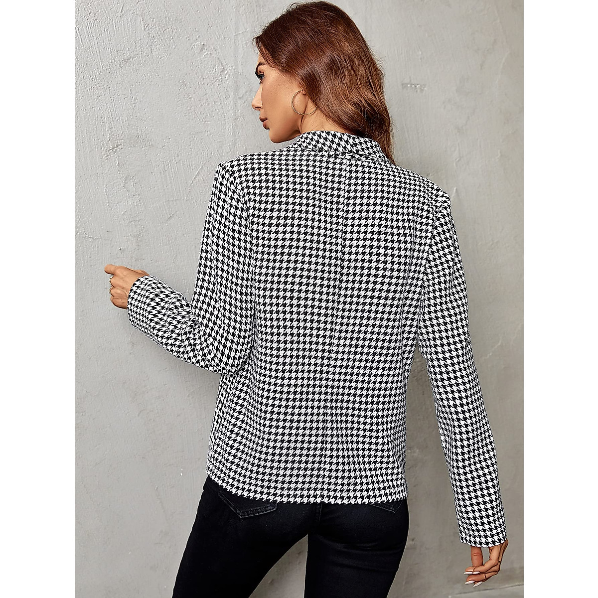 WDIRARA Women's Plus Size Houndstooth Print Long Puff Sleeve Open Front Jacket Blazer Multicoloured L