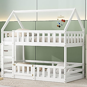 LZ LEISURE ZONE Twin Over Twin Bunk Bed, Wood Twin Size House Bed with Fence and Door, No Box Spring Needed, White