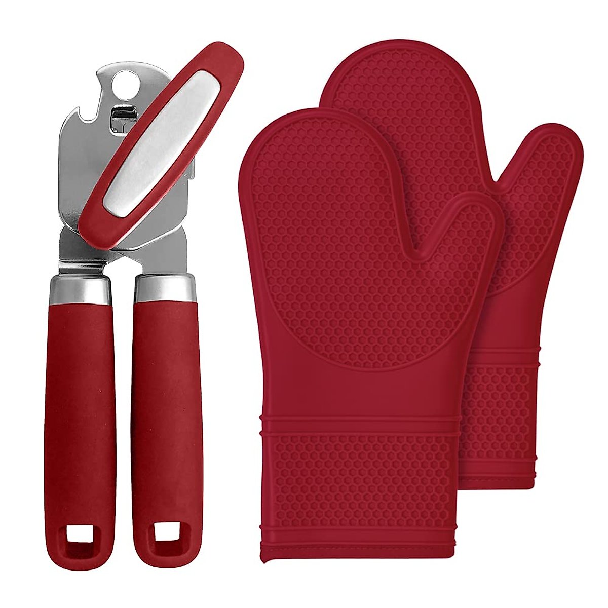 Gorilla Grip Manual Can Opener and Silicone Oven Mitts, Manual Can Opener Includes Built In Bottle Opener, Oven Mitts are 14.5 Inch, Both in Red Color, 2 Item Bundle