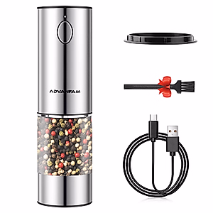 Advanfam Upgraded Larger Capacity Electric Salt Pepper Grinder Stainless Steel Pepper Grinder with LED Light, Rechargeable Automatic Salt or Pepper Mill Features Adjustable Coarseness