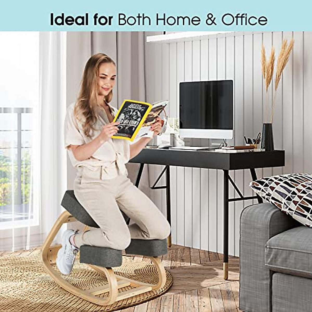 Giantex Kneeling Chair, Wood Posture Chair w/Soft Cushion, Natural Relief for Back, Shoulder or Neck Pain, Ergonomic Kneeling Desk Chair for Office Home, Grey