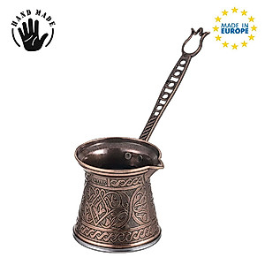 Turkish Coffee Pot, Moka Pot, Espresso Maker for the Stove Top, Camping Coffee Pot, Handmade Greek Arabic Coffee Warmer Cezve with Brass Handle, Stainless Steel Inside (Large 10.7 oz, Copper)