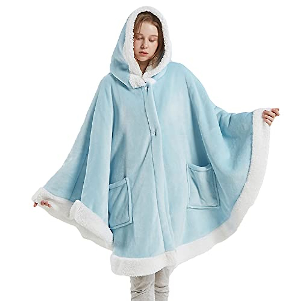 Degrees of Comfort Angel Wrap Wearable Hooded Blanket | Sherpa Lining Poncho Blanket with Hood and Pockets | Soft Plush Fleece Throw Blanket Cape | Cozy Blanket Shawl for Adults/Women Gift, Sky Blue