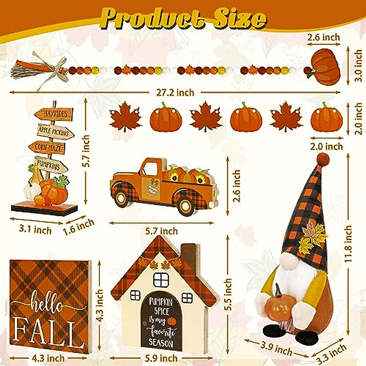 12 PCS Fall Decorations for Home, Fall Tiered Tray Decor, Rustic Farmhouse Autumn Wooden Signs Plush Gnome Bead Garland Pumpkins Maple Leaves Banner Hello Fall Ornament for Harvest Table Centerpieces