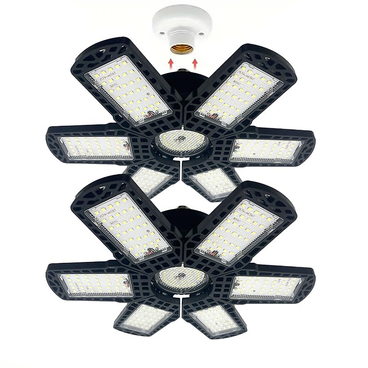 PINSAI 2 Packs LED Garage Light,Super Bright Screw in E26/E27 Ceiling Shop Work Lamp, 150W 15000 Lumen Deformable Basement Bulb Fixture with 6+1 Adjustable Panels, Lighting for Workshop, Attic