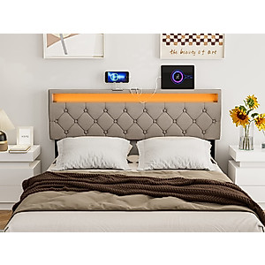 IKIFLY Upholstered Queen Size Headboard with LED Lights & 2 USB Ports - Adjustable Height - Button Tufted Linen Fabric Padded Headboard, Easy Assembly, Queen Headboard Only for Bedroom - Light Brown
