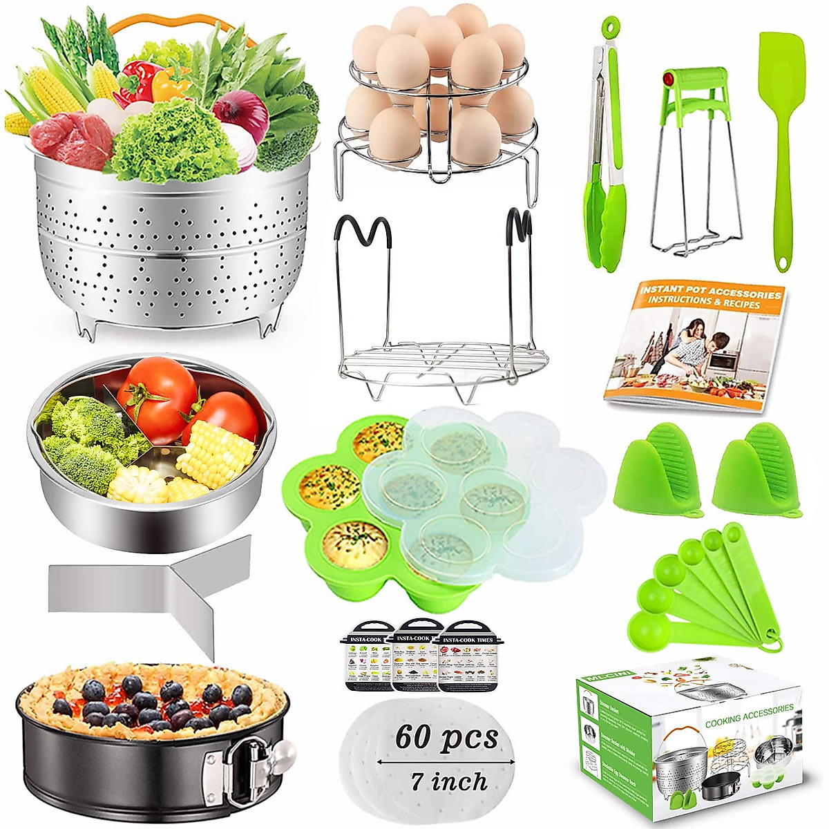 20Pcs Accessories for Instant Pot 6 qt 8qt, Ninja Foodi 8qt - 60 Pcs Parchment Papers, 2 Steamer Baskets, Springform Pan,Stackable Egg Steamer Rack, Instruction & Recipes Book
