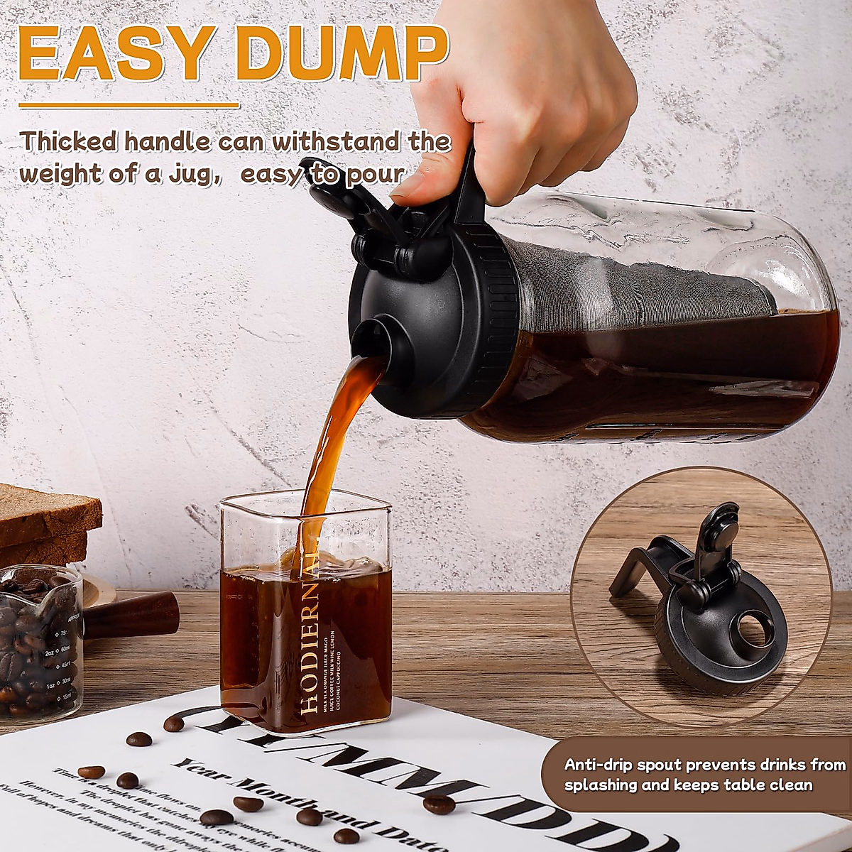 DWTS DANWEITESI Cold Brew Coffee Maker 64 oz,2-Quart Wide Mouth Cold Brew Maker with Stainless Steel Cold Brew Filter-Mason Jar Pitcher with Lid and Spout for Coffee,Iced Coffee Accessories(Black)