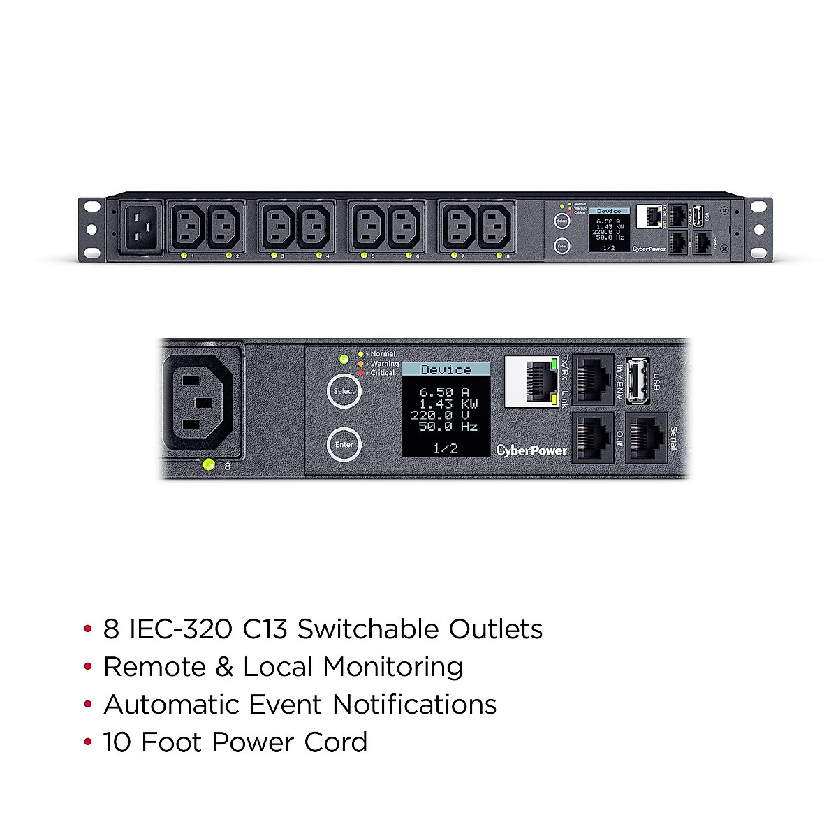 CyberPower PDU41005 Switched PDU, 100-240V, 20A (Derated to 16A), 8 Outlets, 1U Rackmount