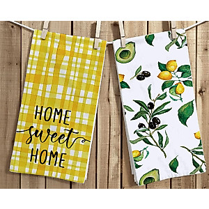 Watercolor Lemon Olive Kitchen Dish Towel 18 x 28 Inch Set of 2, Spring Summer Yellow Lemon Tea Towels Dish Cloth for Cooking Baking