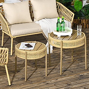 Outsunny 2 Piece Wicker Patio Table Set, PE Rattan End Table Set, Outdoor Round Coffee Table Set, Multi-Functional, Slatted Metal Top, Brown