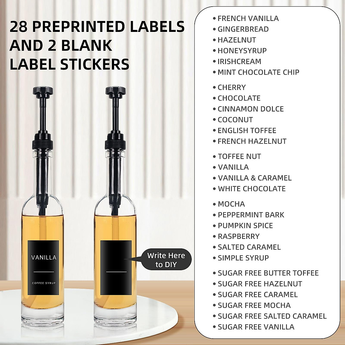 MSTCMZP Coffee Syrup Dispenser for Coffee Bar Accessories Coffee Pump Dispenser, Glass Syrup Bottle with Pump and Labels, 350 ml, Set of 4 Black