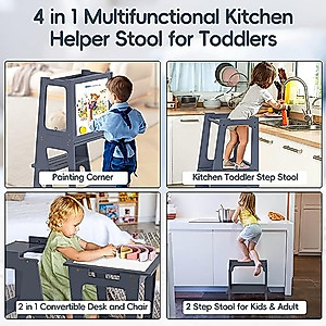 Kitchen Toddler Tower, Toddler Step Stool Learning Standing Tower with Whiteboard 2 in 1 Convertible Table and Chair, Removable Safety Rail, Widened Platforms for Kitchen Counter Bathroom Sink