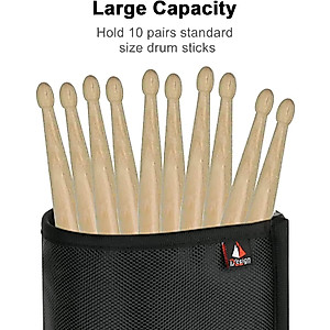 TXEsign Drumstick Holder Drum Sticks Holder Bag for Drumsticks Brushes Mallets Up to 10 Pairs, Two Straps Attach to Drum Kit & Music Stand (Black)