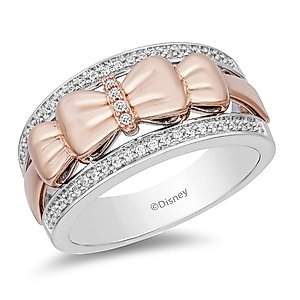 Jewelili Enchanted Disney Fine Jewelry 14K Rose Gold Over Sterling Silver 1/5 Cttw White Diamonds Snow White Bow Ring Size 9