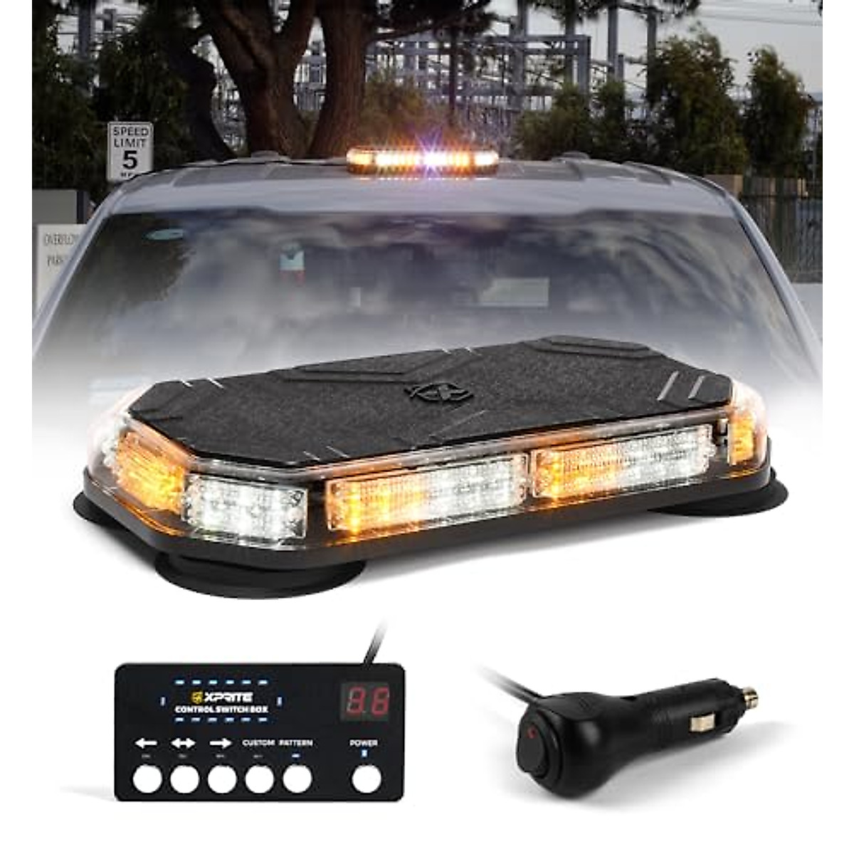 Xprite LED Strobe Light Magnetic Mount Emergency Traffic Security Warning Caution Flashing Plow Light, for Construction Vehicles Tow Trucks- White Amber