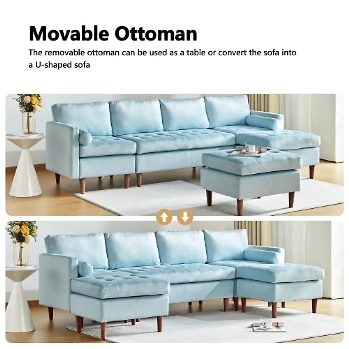ORRD U-Shape Convertible Sectional Sofa, Modular Sleeper Couch Chaise Modern 6 Seater Velvet Sofa for Living Room, Bedroom, Apartment (Light Blue)